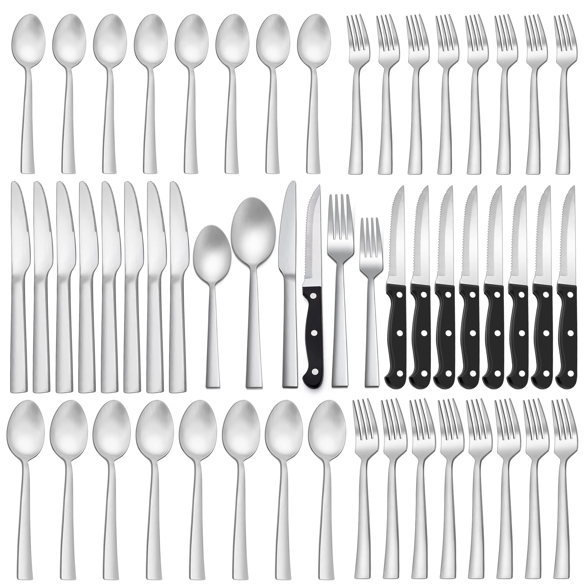 LIANYU 48-Piece Matte Silverware Set with Steak Knives, Stainless Steel Flatware Cutlery Set for 8, Square Eating Utensils Tableware Include Forks Knives Spoons, Dishwasher Safe