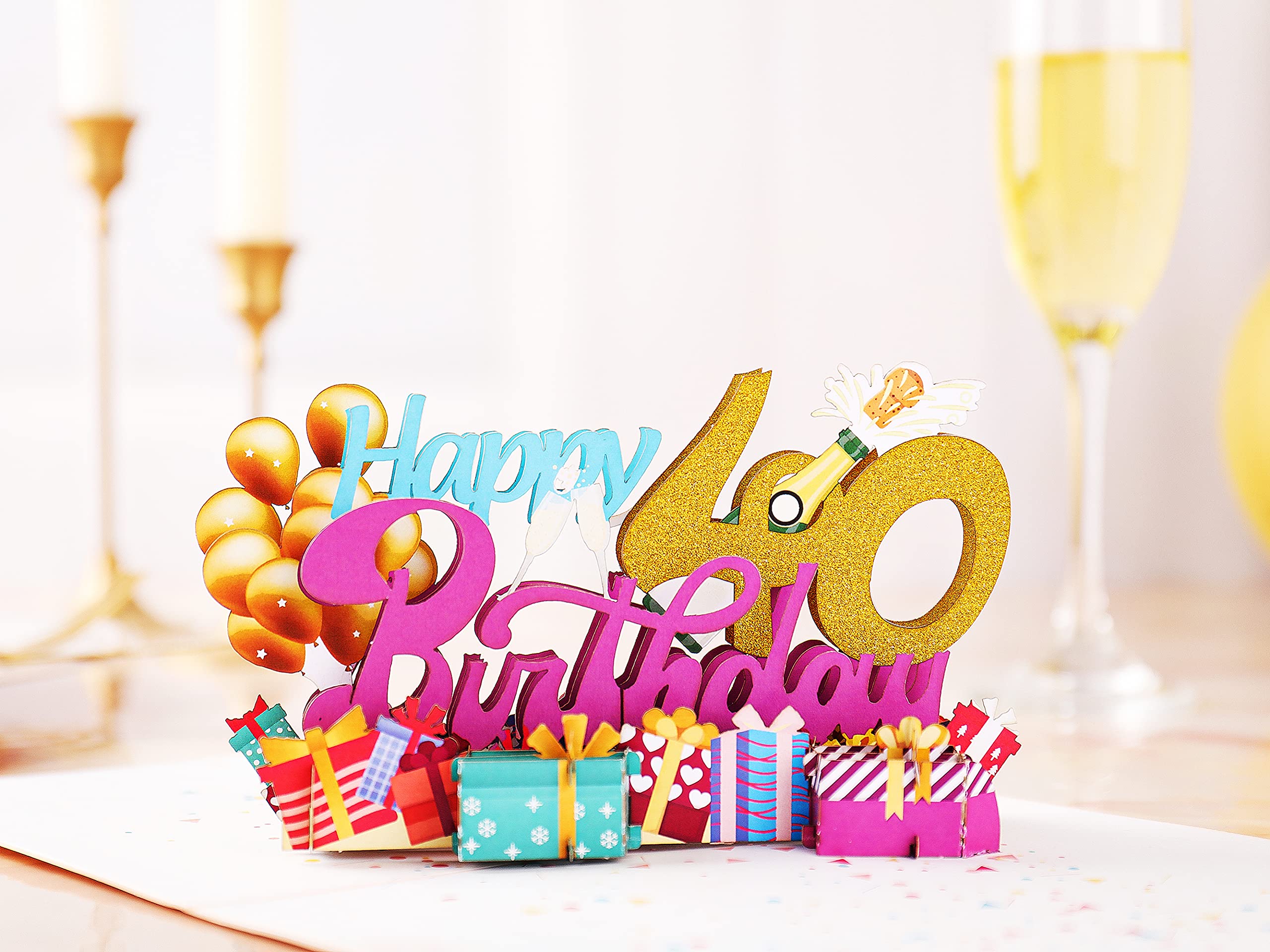 Liif Happy 40th Birthday 3D Greeting Pop Up Card, 40th Birthday Card For Women, Men, Husband, Wife, Son - Funny, Congratulations, Celebration, Balloons, Champagne | With Message Note & Envelop