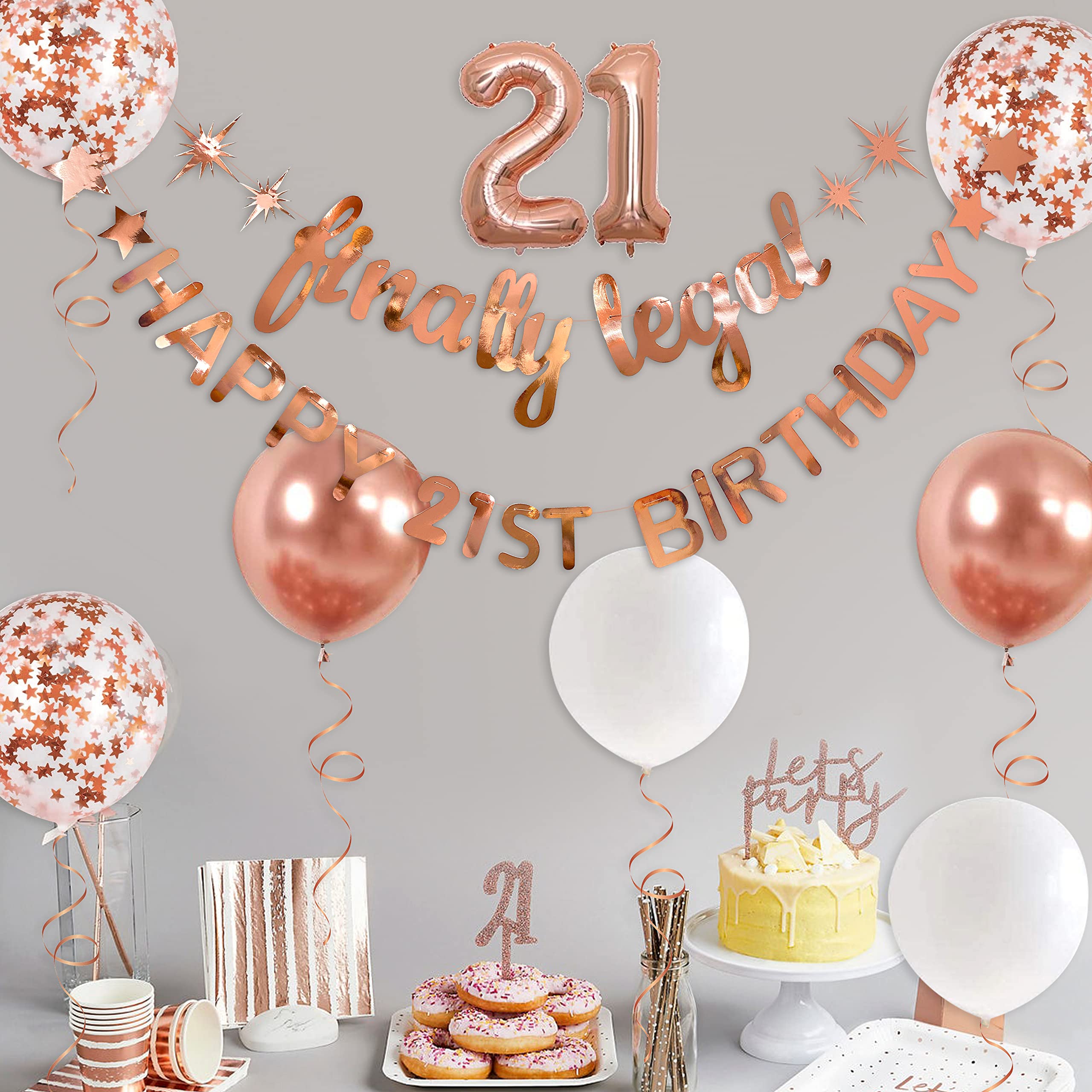 Rose Gold Finally Legal Happy 21st Birthday Banner Garland Foil Balloon 21 for 21 Birthday Decorations Hanging Twenty One Birthday Decor for Girls 21st Birthday Decorations Party Supplies for Her