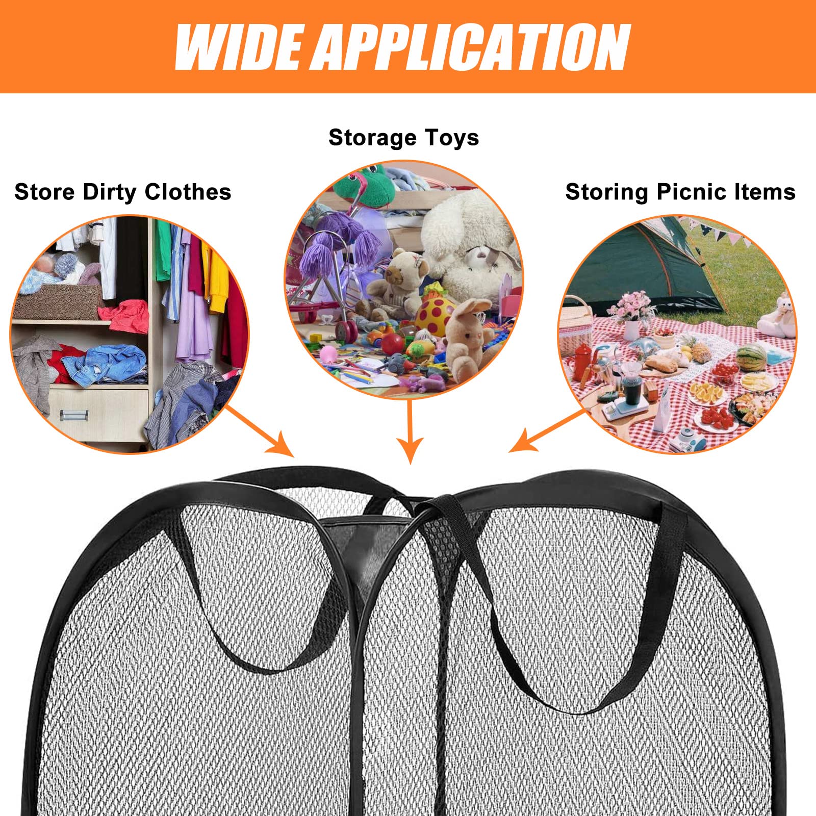 2 Pack Upgraded Heavy Duty Large Mesh Collapsible Laundry Basket with Pocket and Carry Handles, Foldable Dirty Clothes Pop up Laundry Hamper for Dorm Bathroom Bedroom Travel Camping