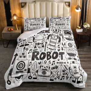 erosebridal robot down comforter queen size, cartoon pattern bedding set, white black sketch comforter set for kids boys girls teens, funny robot duvet insert bedroom decor