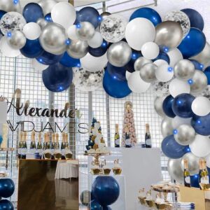 124pcs Blue Silver White Balloons Garland Arch Kit 5/10/12/18 Inch Royal Navy Blue White Metallic Silver Confetti Set for Birthday Wedding Graduation Party Father's Day Decor