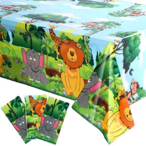 3 pieces jungle animal party tablecloth safari animals table cover plastic zoo jungle safari tablecloth for kids jungle safari theme birthday party baby shower decorations and supplies, 54 x 108 inch