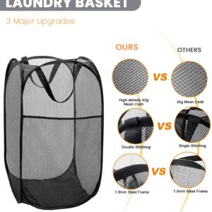 2 Pack Upgraded Heavy Duty Large Mesh Collapsible Laundry Basket with Pocket and Carry Handles, Foldable Dirty Clothes Pop up Laundry Hamper for Dorm Bathroom Bedroom Travel Camping