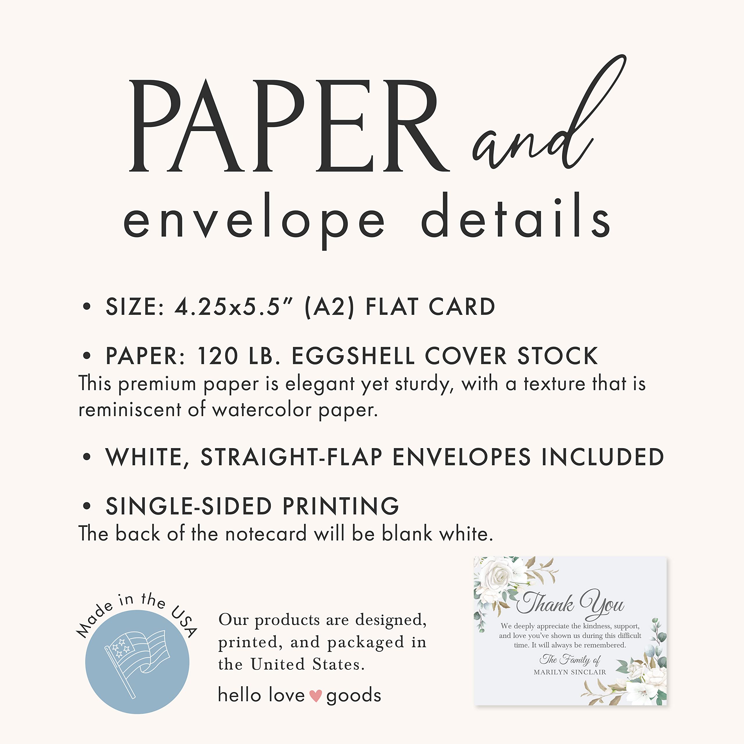 Hello Love Goods White Floral Sympathy Thank You Cards, Funeral Thank You Cards, Personalized Bereavement Notes with Envelopes, 5.5x4.25 Flat Notecards