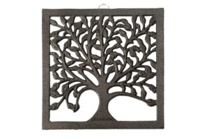 gasarÉ, cast iron trivet for hot dishes, pots, and pans, metal trivet, family tree design, rubber feet caps, ring hanger, 8 inches, brown, 1 unit