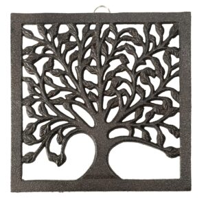 GASARÉ, Cast Iron Trivet for Hot Dishes, Pots, and Pans, Metal Trivet, Family Tree Design, Rubber Feet Caps, Ring Hanger, 8 Inches, Brown, 1 Unit