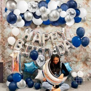 124pcs Blue Silver White Balloons Garland Arch Kit 5/10/12/18 Inch Royal Navy Blue White Metallic Silver Confetti Set for Birthday Wedding Graduation Party Father's Day Decor