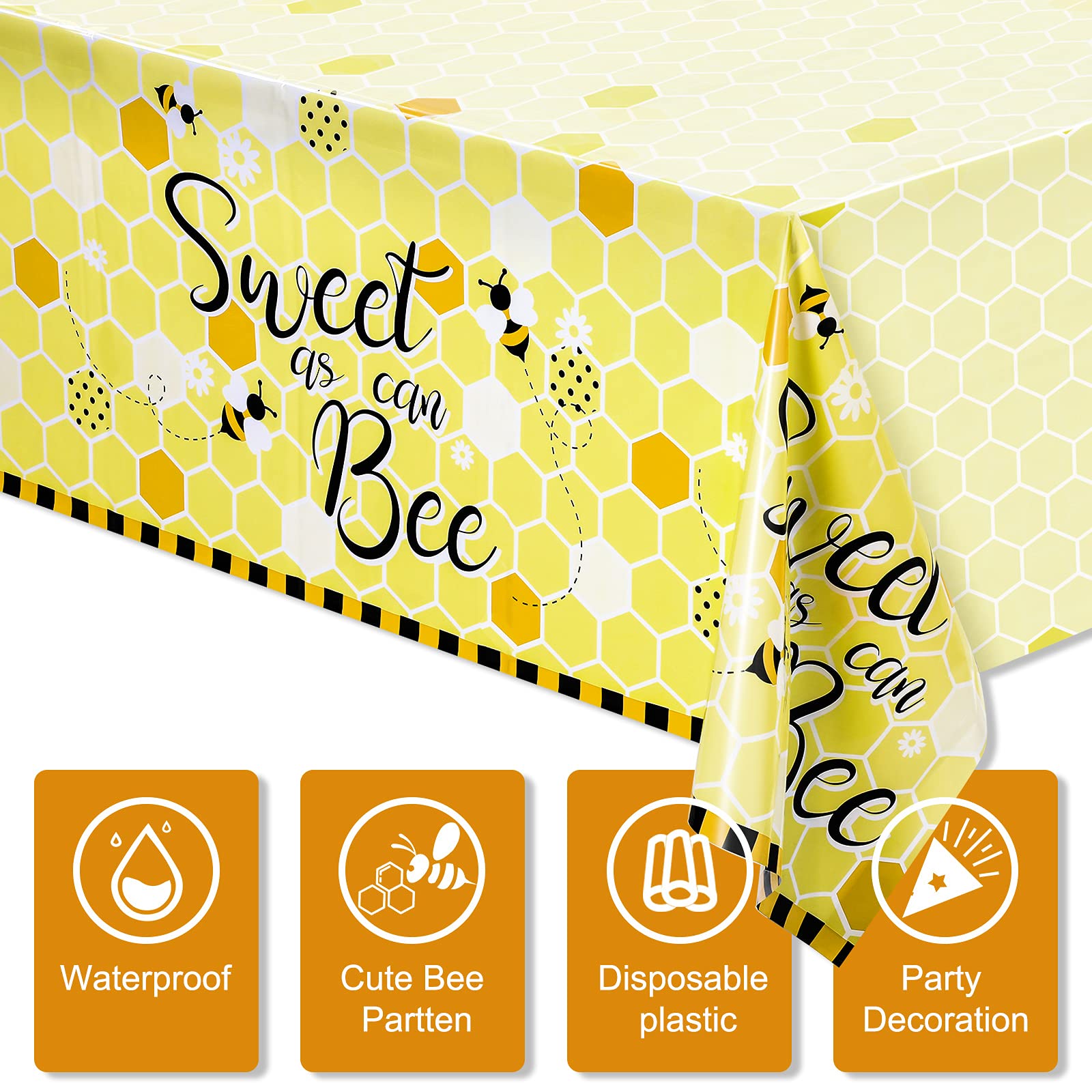 Bee Plastic Tablecloths Sweet as Can Bee Decorative Table Cover Honey Bees Baby Shower Party Table Cloth Set for Birthday Party Supplies Table Decoration, 54 x 108 Inches(3 Packs)