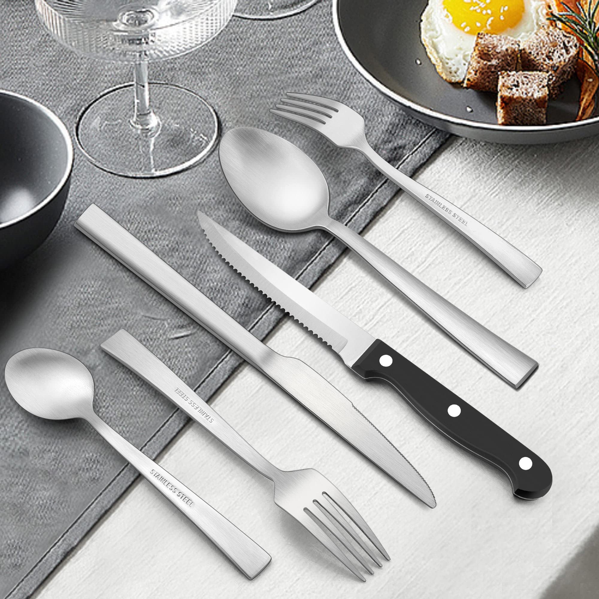 LIANYU 48-Piece Matte Silverware Set with Steak Knives, Stainless Steel Flatware Cutlery Set for 8, Square Eating Utensils Tableware Include Forks Knives Spoons, Dishwasher Safe