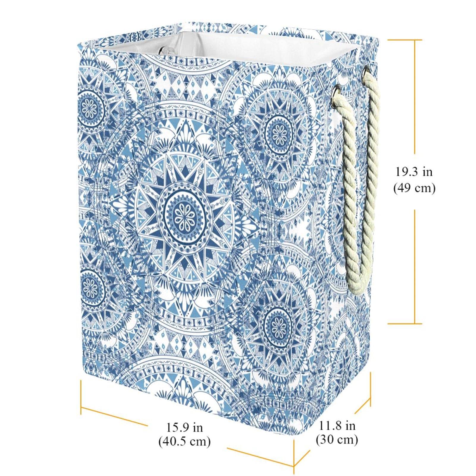 Blue Boho Pattern Style Graphic Laundry Hamper With Handles Large Collapsible Basket For Storage Bin, Kids Room, Home Organizer, Cloth Storage, 19.3x11.8x15.9 In