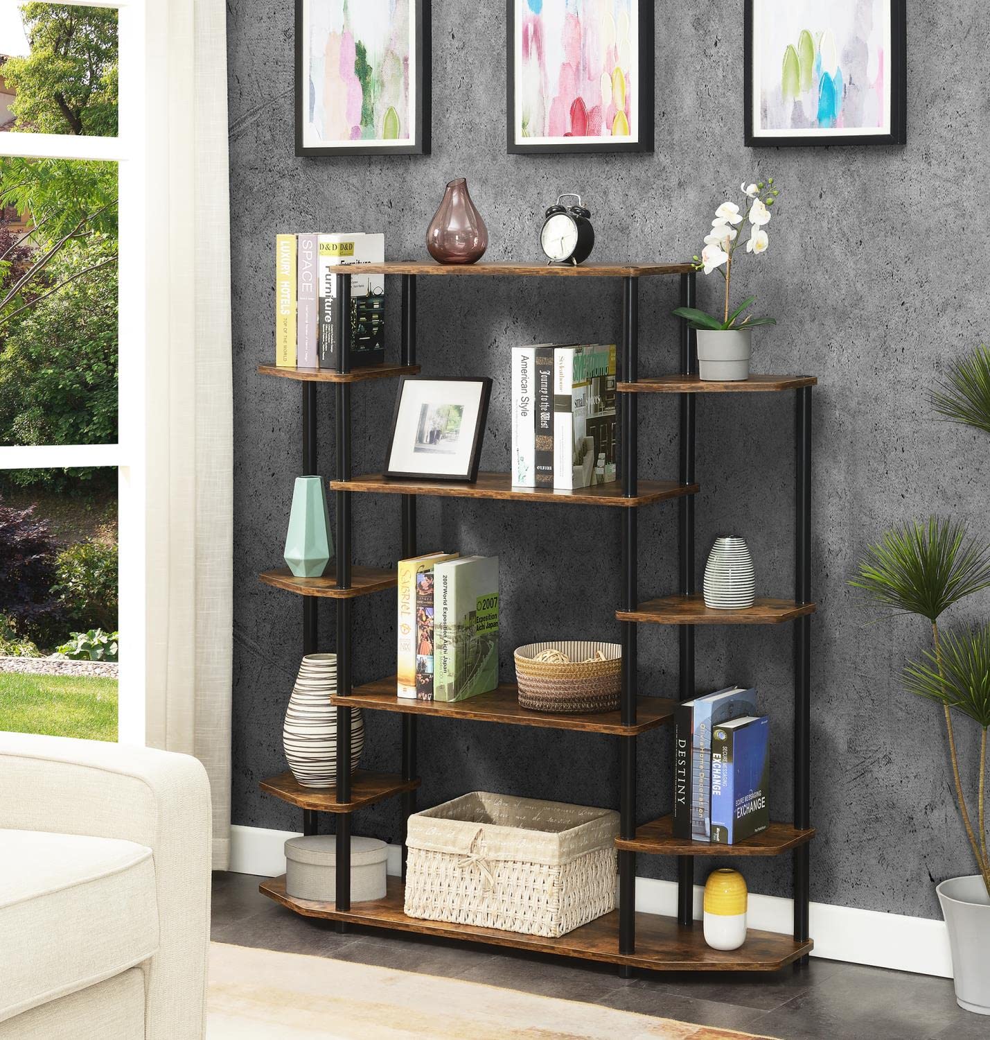 Convenience Concepts Designs2Go No Tools Book Shelf - Contemporary Storage Shelves for Display, 10 Spacious Shelves for Living Room, Office, Barnwood/Black Poles