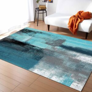 contemporary non-slip area rug turquoise and grey abstract art painting teal printed rugs art carnival rubber backing living room floor mats rectangle area rug carpet for indoor 2.7'x5'