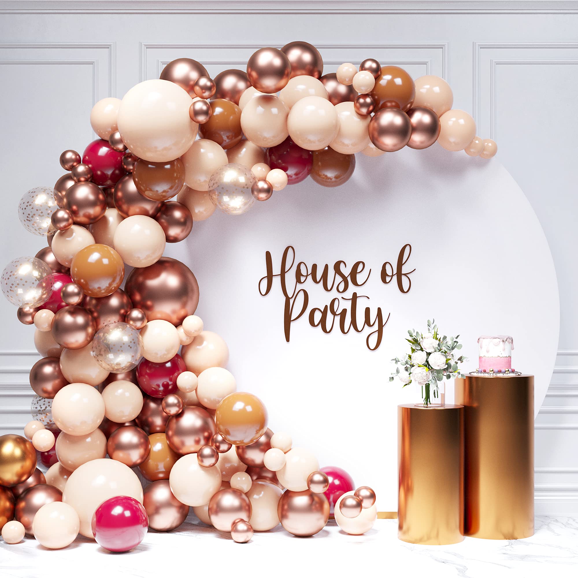 HOUSE OF PARTY Burgundy Balloon Garland Kit - 158 Pcs Metallic Rose Gold, Pink, Burgundy and Gold Balloons Arch Kit for Graduation Birthday Decorations and Christmas decor