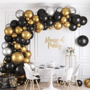 house of party black and gold balloon arch | black and gold party decorations-158 pcs for grad party decorations 2024 | silver 5/10/12/18 inch balloons for party, anniversary & halloween decor