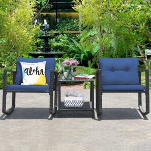 Tangkula 3 Pieces Patio Wicker Rocking Bistro Set, Outdoor Rocking Chair Furniture Set w/Cushioned Seat, Conversation Set w/Glass Coffee Table and Storage Shelf (Navy Blue)