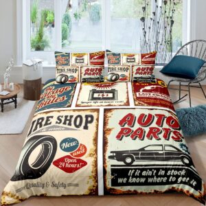 erosebridal vintage car signs comforter cover for boys, automobile pattern duvet cover, repair vehicle garage bedding set twin size for kids girls teens, classics servicing quilt cover bedroom decor