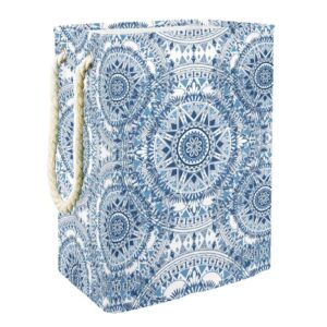 blue boho pattern style graphic laundry hamper with handles large collapsible basket for storage bin, kids room, home organizer, cloth storage, 19.3x11.8x15.9 in