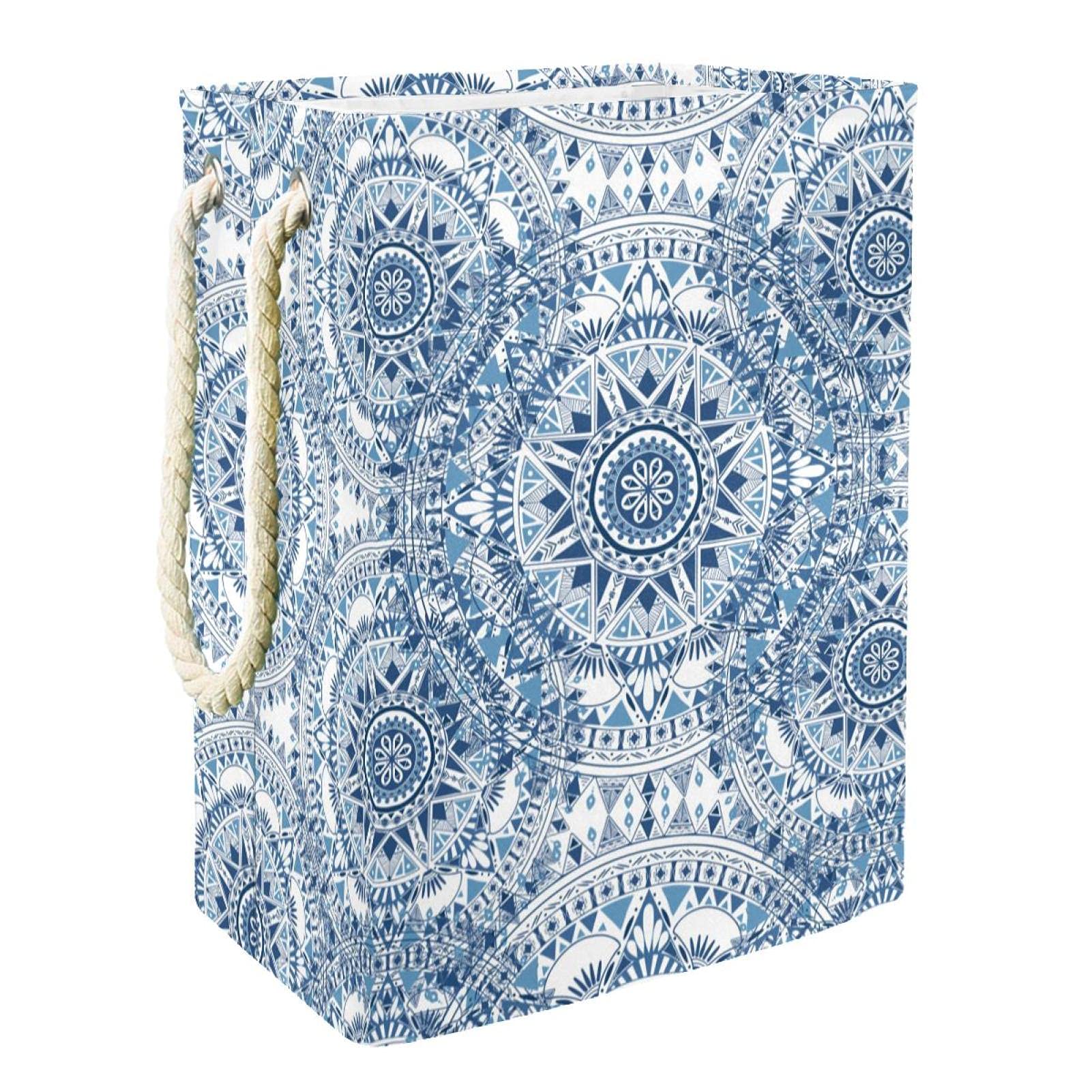 Blue Boho Pattern Style Graphic Laundry Hamper With Handles Large Collapsible Basket For Storage Bin, Kids Room, Home Organizer, Cloth Storage, 19.3x11.8x15.9 In