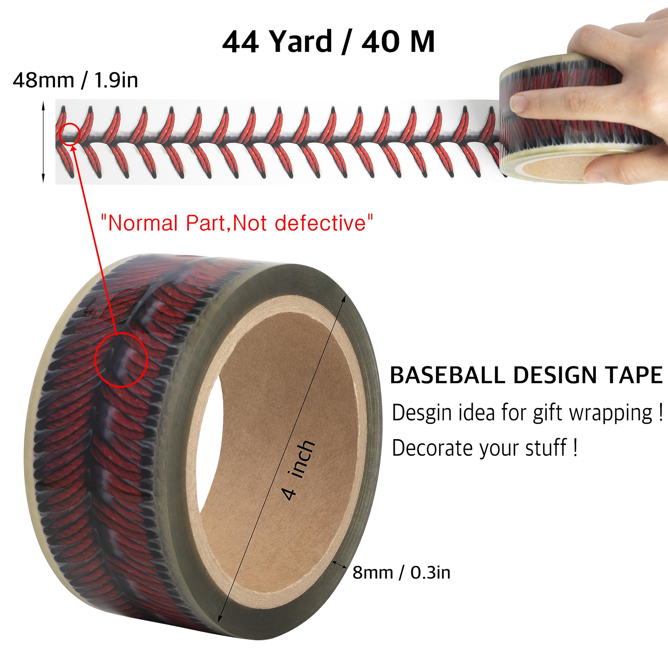 HOME&I Baseball Stitches Design Packaging Tape 44 Yard Cellophane Adhesive Baseball Tape Funny Home Decor,Scrapbooking,Baseball wrapping paper roll wall decals stickers (1 Pack-Baseball Design Tape)