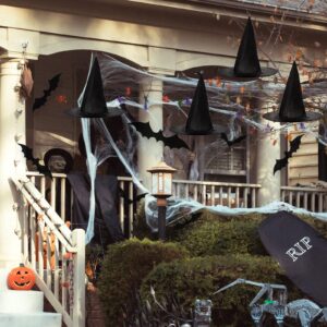 Sumind 20 Pieces Halloween Decorations Witch Hats Black Hanging Floating Witch Hat Bulk for Women 60 Pieces 3D Bat Stickers Wall Decal with 98 Feet Hanging Rope for Halloween Party Favor Decoration