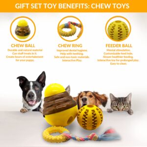 SoSoCute Yellow Dog Gift Box - Puppy Chew Toy Set of 5 - Puppy Care Package with Dog Blanket, Squeaky Plush, Rubber Puppy Teether, Teething Ball, and Treat Ball for Small and Medium Dogs