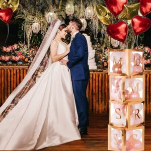 Fonder Mols 4pcs Rose Gold Transparent Balloon Boxes with MISS TO MRS Letters for Wedding Bridal Shower Engagement Cake Smash Backdrop(No Balloons)