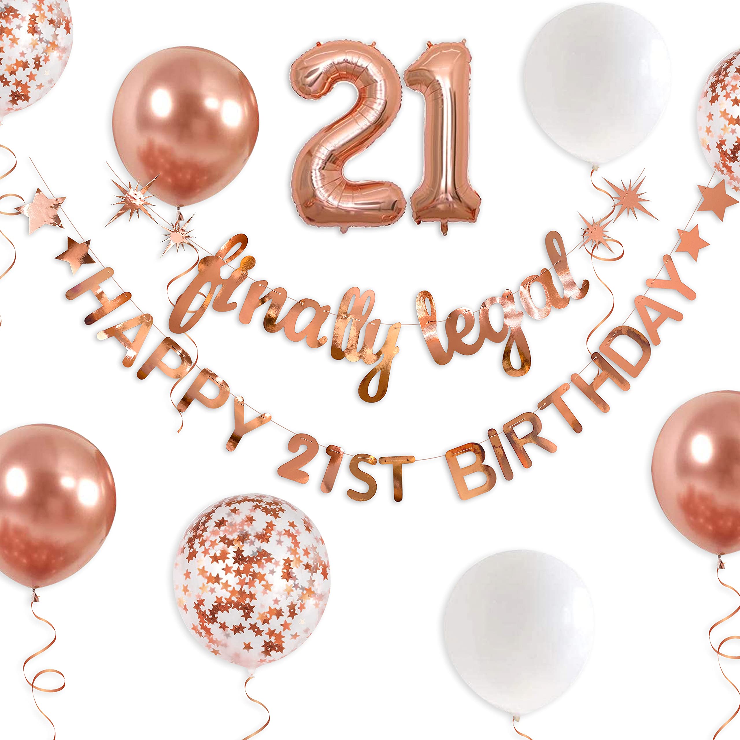 Rose Gold Finally Legal Happy 21st Birthday Banner Garland Foil Balloon 21 for 21 Birthday Decorations Hanging Twenty One Birthday Decor for Girls 21st Birthday Decorations Party Supplies for Her