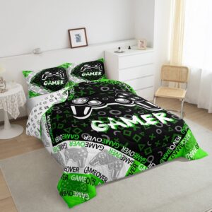 Feelyou Kids Gamer Comforter Set for Boys Teens, Green Gaming Bedding Sets Twin Size Video Game Controller Reversible Quilt Set All Season Home Decor with 1 Pillowcase