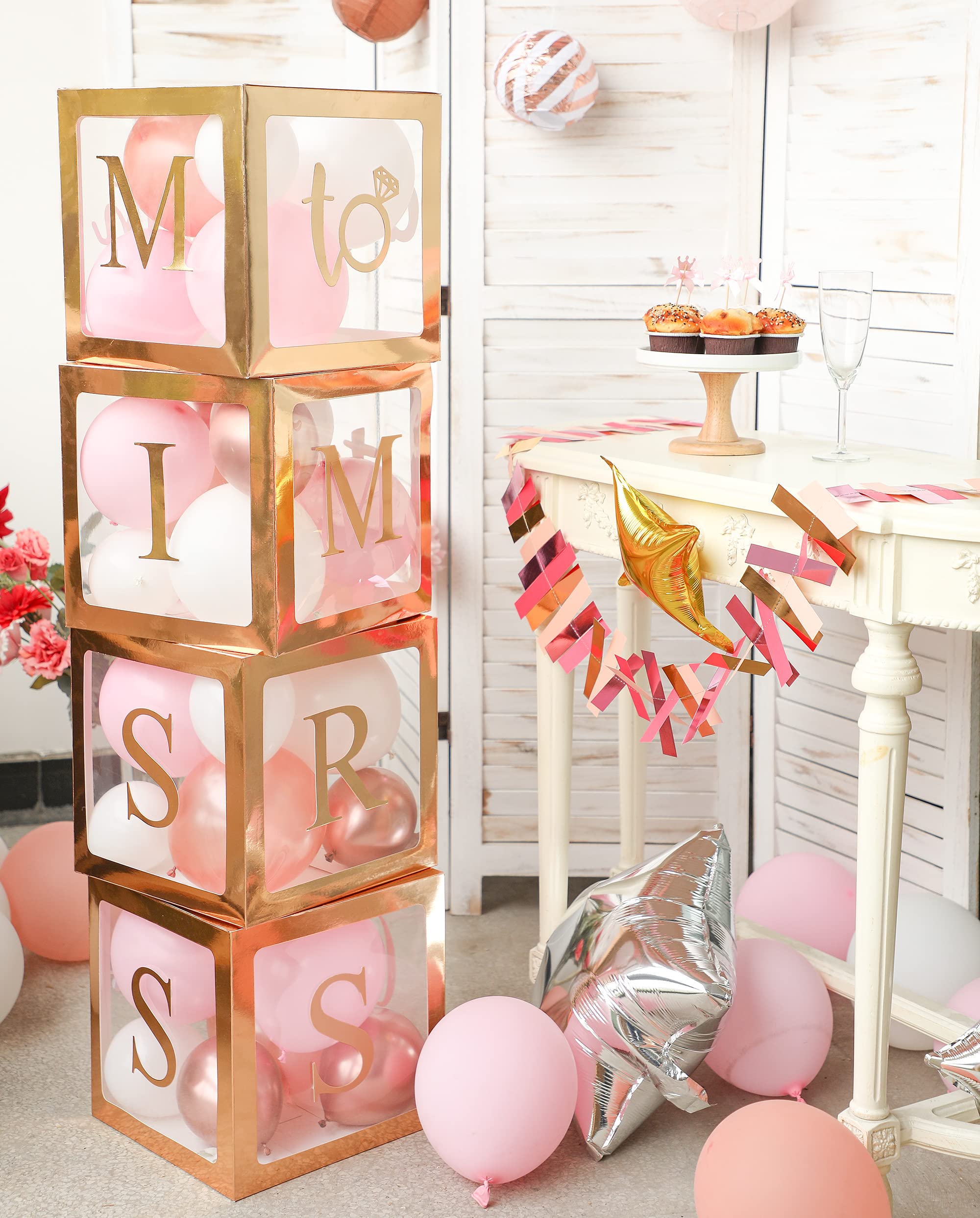 Fonder Mols 4pcs Rose Gold Transparent Balloon Boxes with MISS TO MRS Letters for Wedding Bridal Shower Engagement Cake Smash Backdrop(No Balloons)