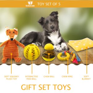 SoSoCute Yellow Dog Gift Box - Puppy Chew Toy Set of 5 - Puppy Care Package with Dog Blanket, Squeaky Plush, Rubber Puppy Teether, Teething Ball, and Treat Ball for Small and Medium Dogs