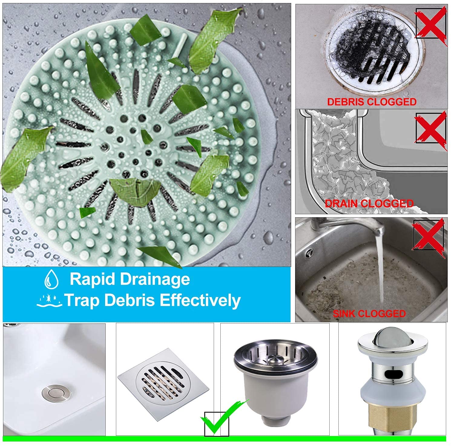 Drain Hair Catcher Shower Drain Hair Trap and Drain Hair Clog Hair Trap Remover Cleaning Tool Snake Shower Drain Protectors for Tub Bathtub Sewer Kitchen 5 Pack