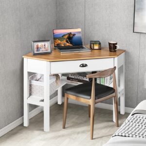 GOFLAME Computer Corner Desk, Wood Compact Home Office Writing Worstation with Drawer and Shelves, Laptop PC Corner Table for Small Space Home Office, Natural & White