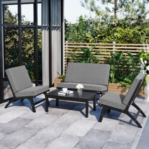 yswh 5-piece patio acacia wood outdoor sectional furniture conversation sets with slatted tabletop tea table and x-back wood frame, removable cushions