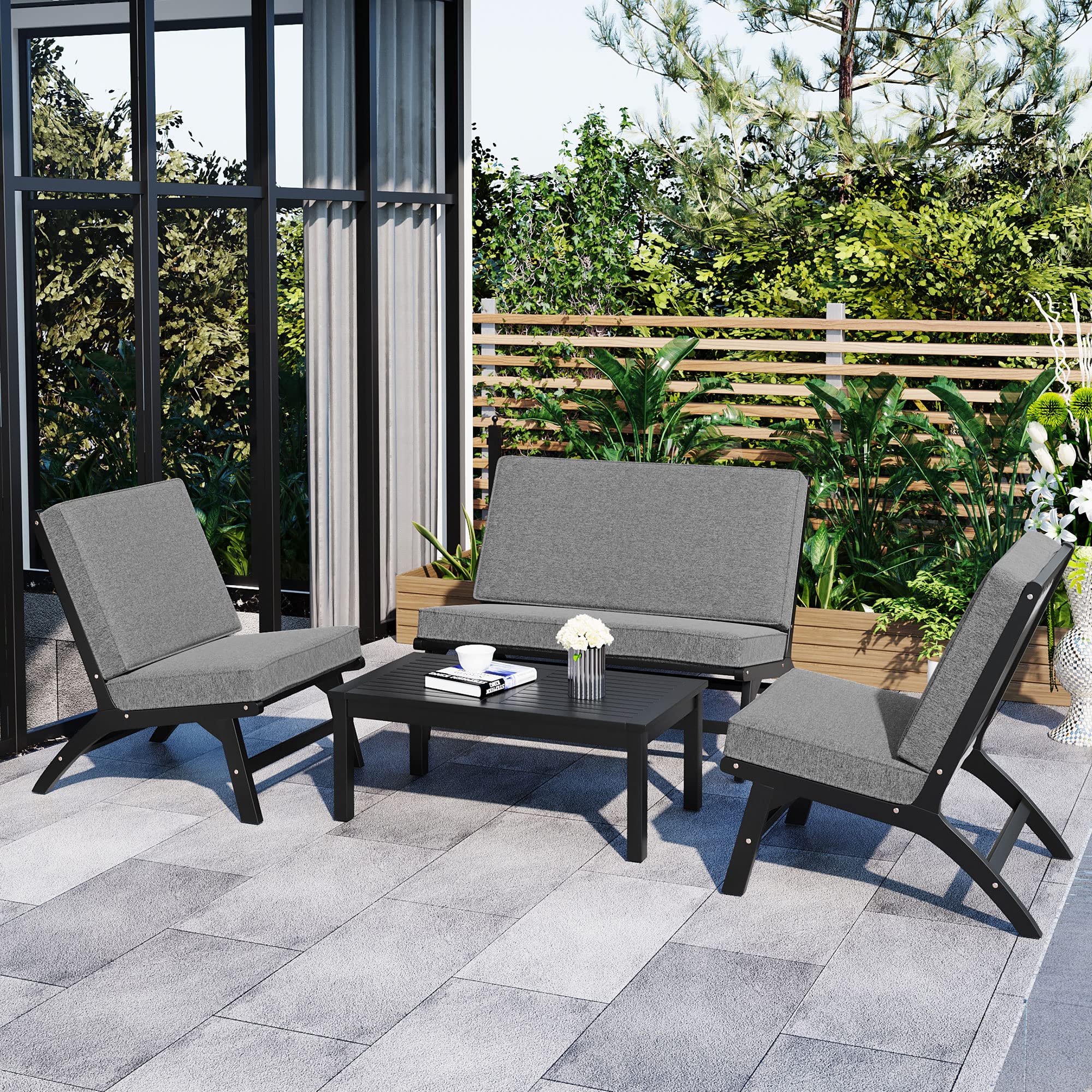 YSWH 5-Piece Patio Acacia Wood Outdoor Sectional Furniture Conversation Sets with Slatted Tabletop Tea Table and X-Back Wood Frame, Removable Cushions