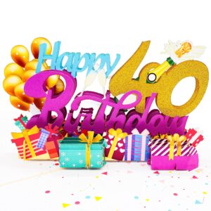 liif happy 40th birthday 3d greeting pop up card, 40th birthday card for women, men, husband, wife, son - funny, congratulations, celebration, balloons, champagne | with message note & envelop