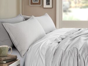 get bed ready stonewashed cotton bengal pinstripe chambray duvet cover relaxed minimal classical style bedding set yarn dyed natural classic striped pattern small banker stripe (king, dark grey)