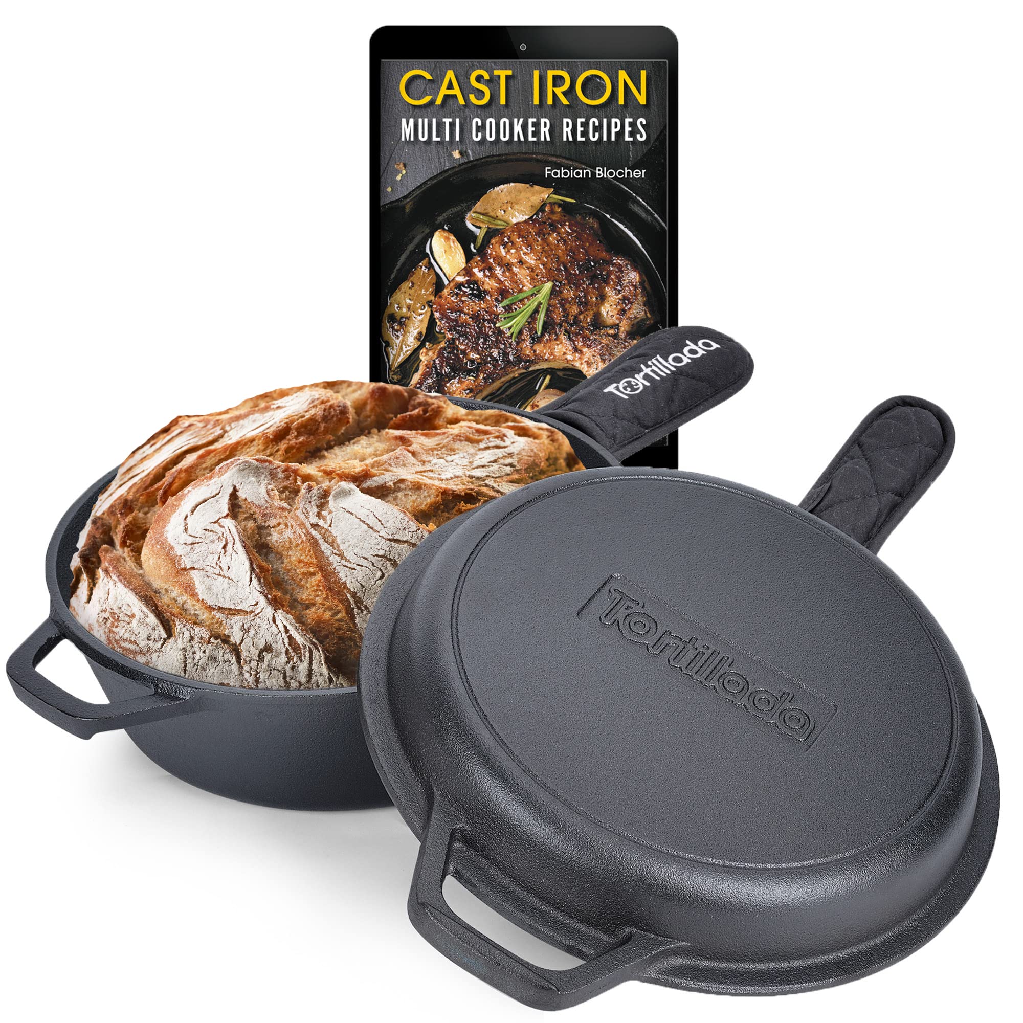 Tortillada - Cast Iron Skillet (10 inch) & Pot | Dutch Oven (3.5 Quart) | Preseasoned Cast Iron Combo Cooker + Handle Holder + E-Book with 50 Recipes, Kitchen Cookware