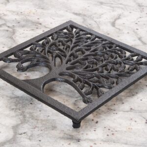 GASARÉ, Cast Iron Trivet for Hot Dishes, Pots, and Pans, Metal Trivet, Family Tree Design, Rubber Feet Caps, Ring Hanger, 8 Inches, Brown, 1 Unit