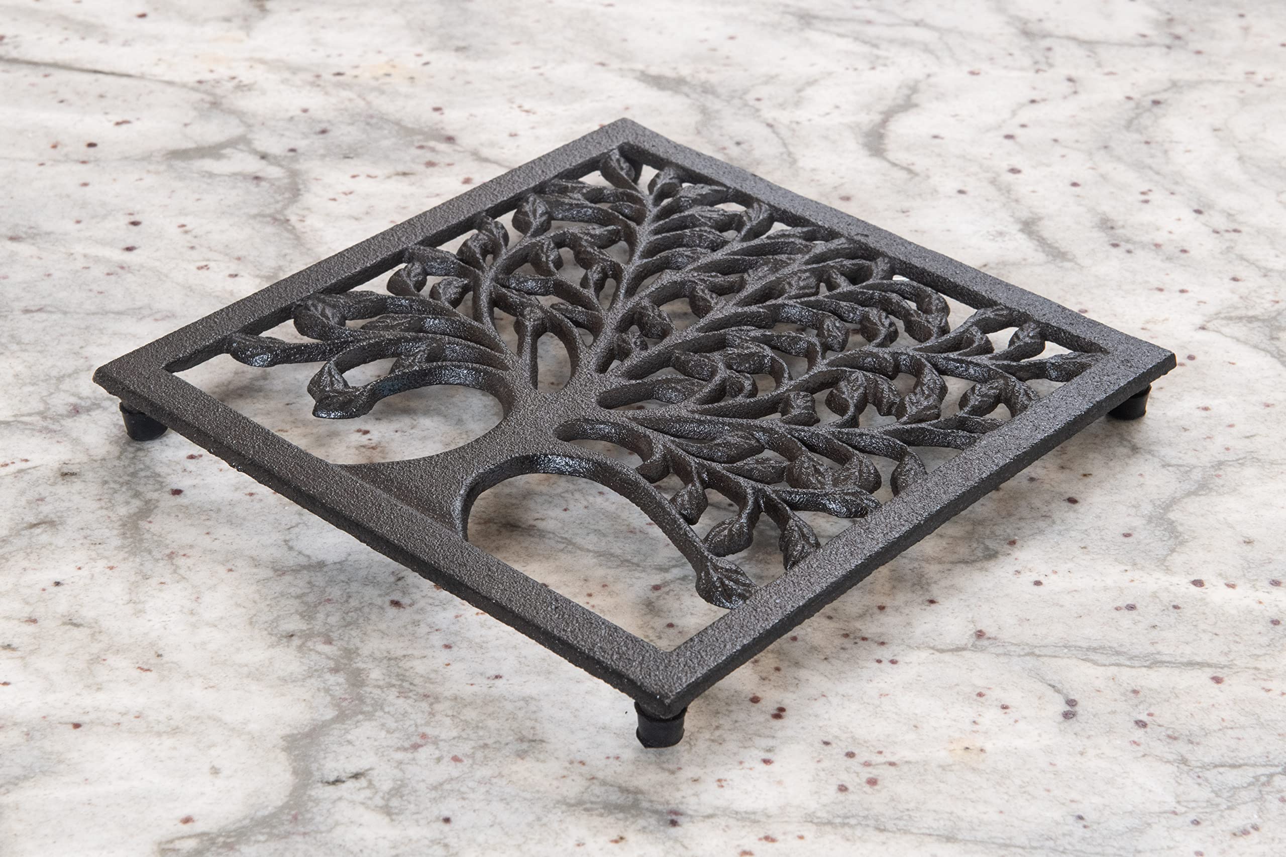 GASARÉ, Cast Iron Trivet for Hot Dishes, Pots, and Pans, Metal Trivet, Family Tree Design, Rubber Feet Caps, Ring Hanger, 8 Inches, Brown, 1 Unit