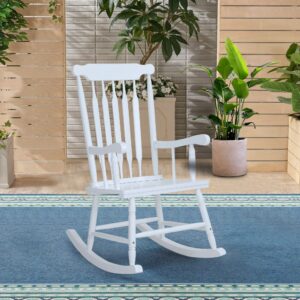 phi villa outdoor wood rocking chair, oversized acacia wood slat back rocker chairs for patio, deck, balcony, porch and indoor, 30° safe recline support 350 lbs - white