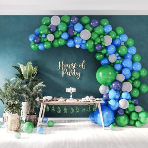 house of party blue and green balloon garland kit 158 pcs - jurassic world balloons for baby shower, jungle theme party decorations & dinosaur birthday party supplies