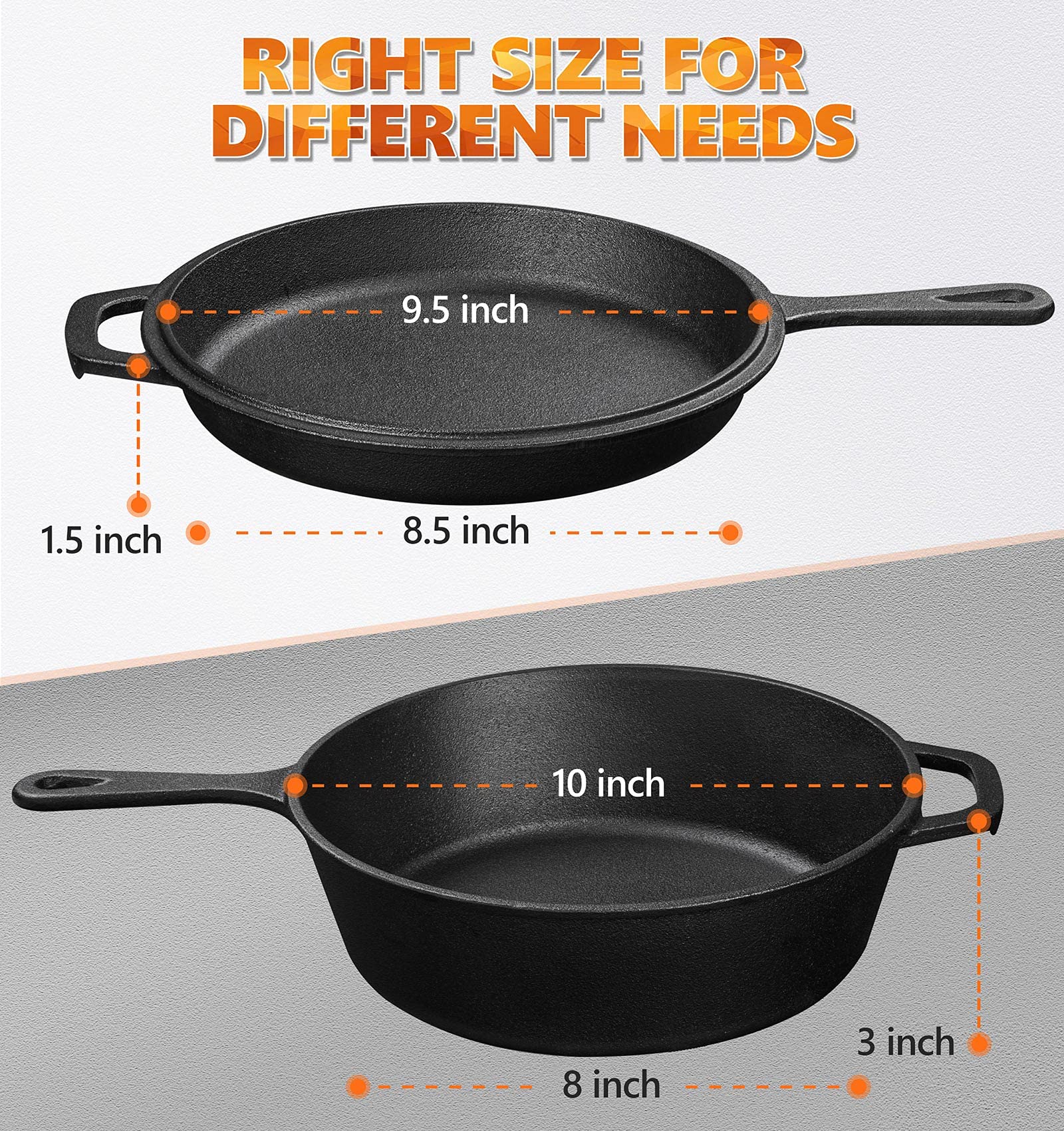 MICHELANGELO Cast Iron Skillet with Lid, 2-In-1 3 Qt Dutch Oven & 9.5" Skillet With Pre-seasoned Interior, Preseason Cast Iron Skillets with Lid, Cast Iron Skillets