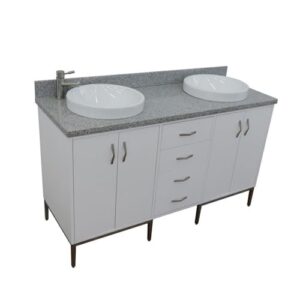 Tivoli 61" Double Round Sink Solid Wood Vanity in White/Gray Granite Stone