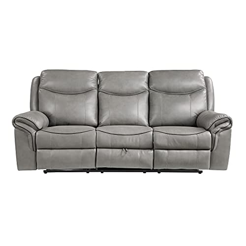 Lexicon Braelyn Faux Leather Double Reclining Sofa with Center Drop-Down Cup Holders, Receptacles, Hidden Drawer and USB Ports, 88.5" W, Gray