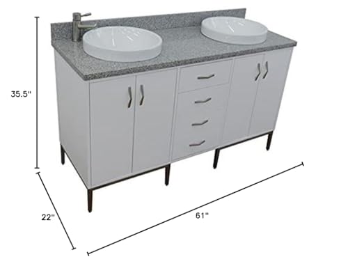 Tivoli 61" Double Round Sink Solid Wood Vanity in White/Gray Granite Stone