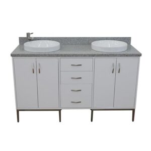 tivoli 61" double round sink solid wood vanity in white/gray granite stone