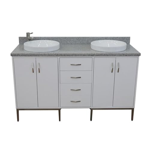 Tivoli 61" Double Round Sink Solid Wood Vanity in White/Gray Granite Stone