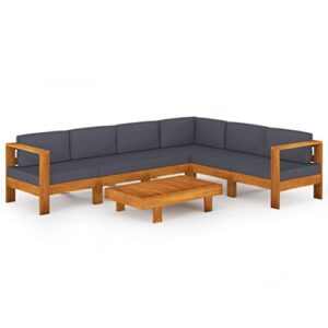 vidaxl patio lounge set 7 piece, sectional sofa for outdoor garden, patio furniture with dark gray cushions, coffee table, modern style, acacia wood