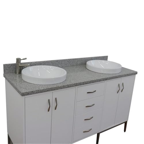 Tivoli 61" Double Round Sink Solid Wood Vanity in White/Gray Granite Stone